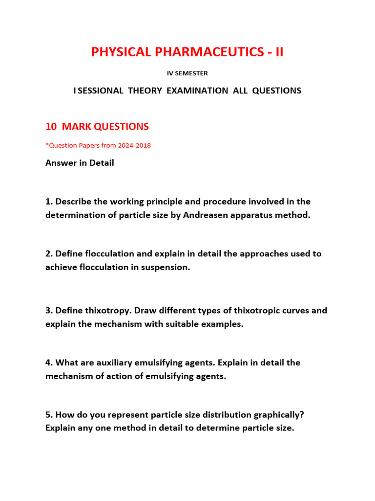 Physical Pharmaceutics II Exam Questions | PDF | Colloid | Emulsion
