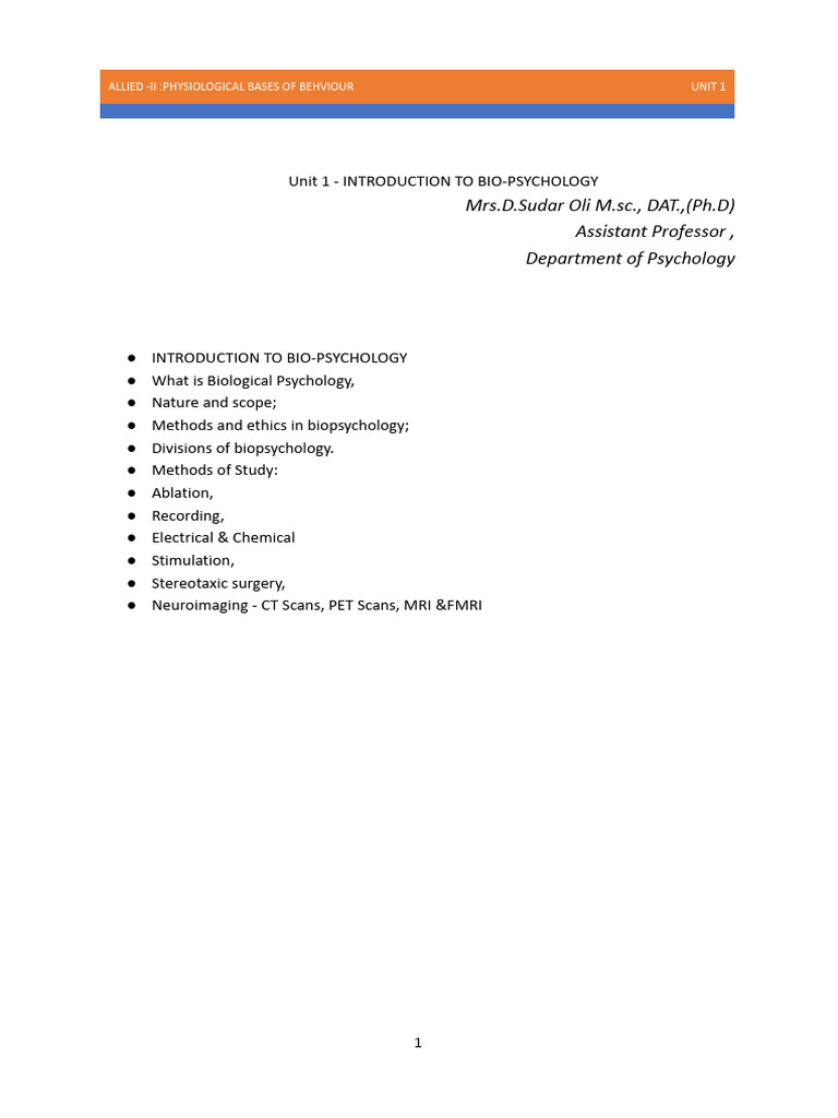 INTRODUCTION TO BIO Psy - Unit 1 | PDF | Behavioral Neuroscience ...