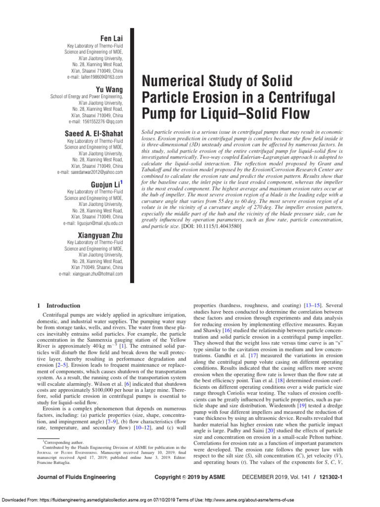 Numerical Study of Solid Particle Erosion in A Centrifugal Pump For Liquid-Solid Flow | PDF ...