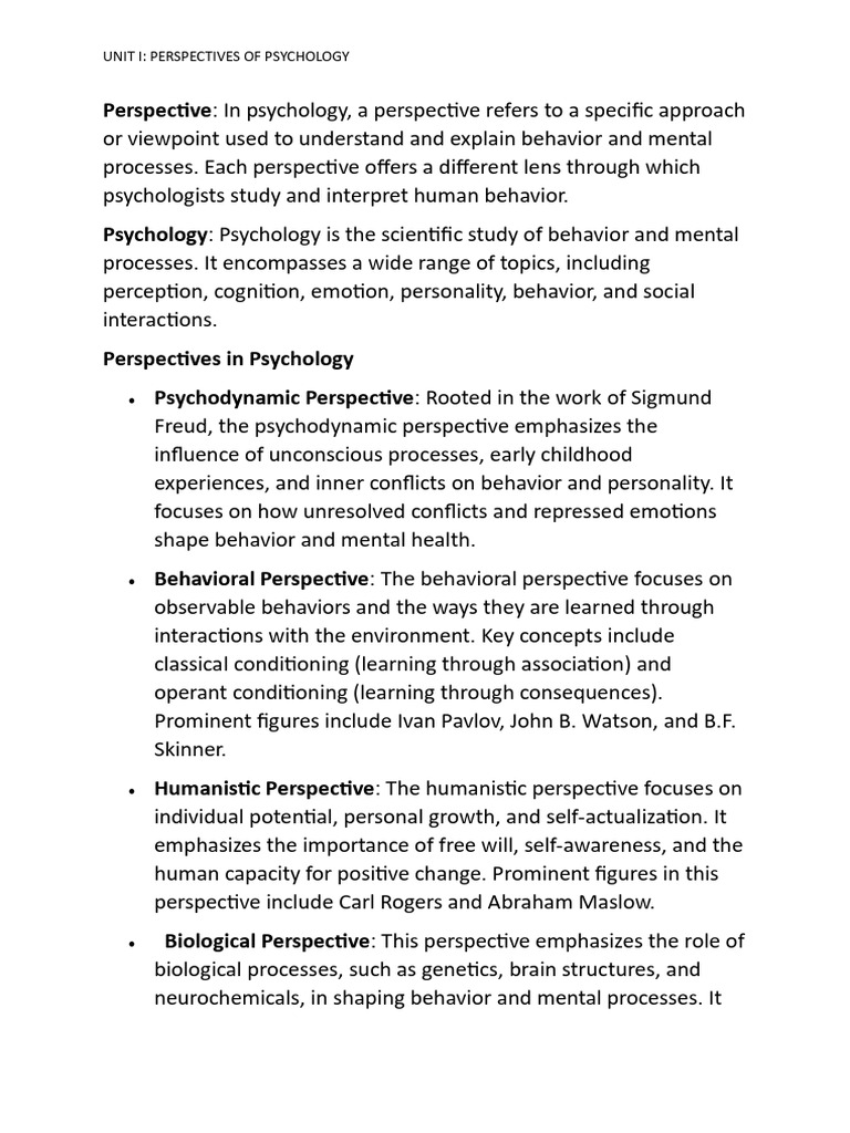 Overview of Psychology Perspectives | PDF | Classical Conditioning ...