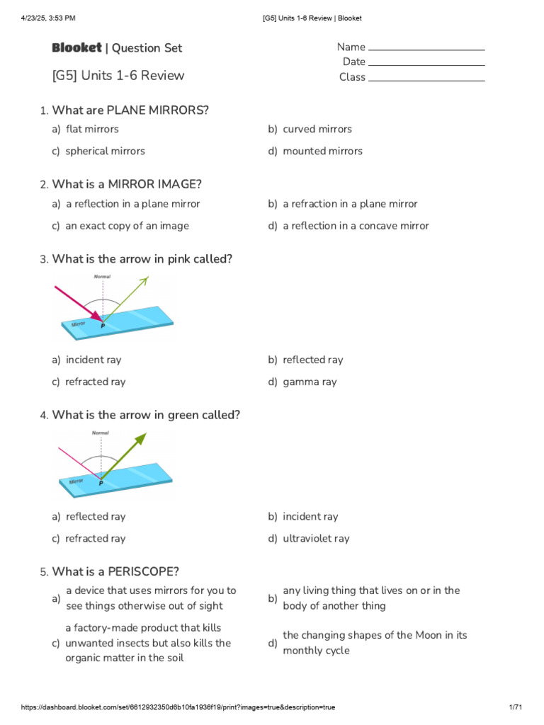 (G5) Units 1-6 Review - Blooket | PDF | Mirror | Reflection (Physics)