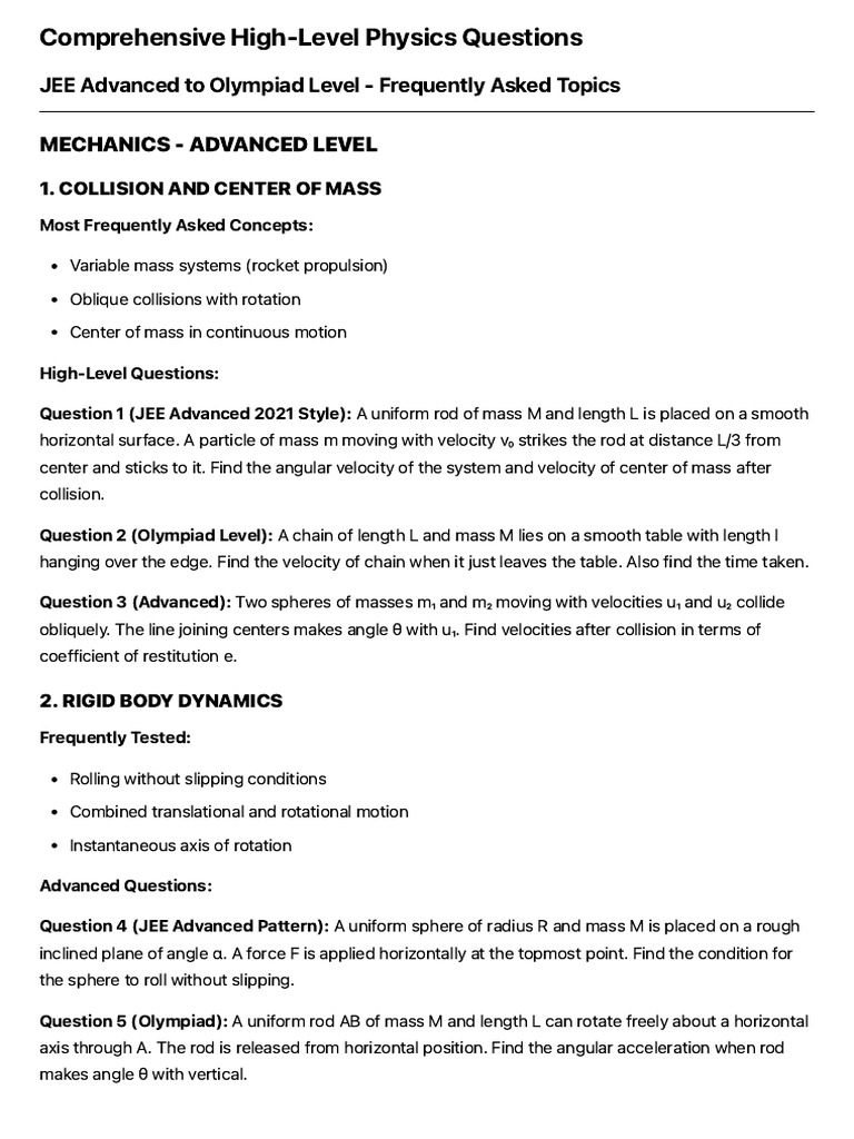 High-Level Physics Questions - JEE Advanced To Olympiad Level | PDF ...