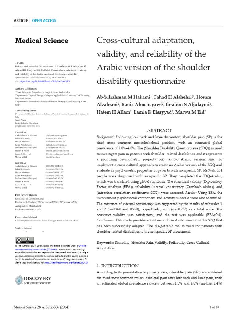 Validity, and Reliability of The Arabic Shoulder Disability Questionnaire | PDF | Survey ...