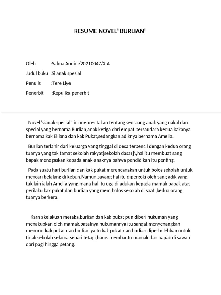 Resume Novel "Burlian" oleh Tere Liye | PDF