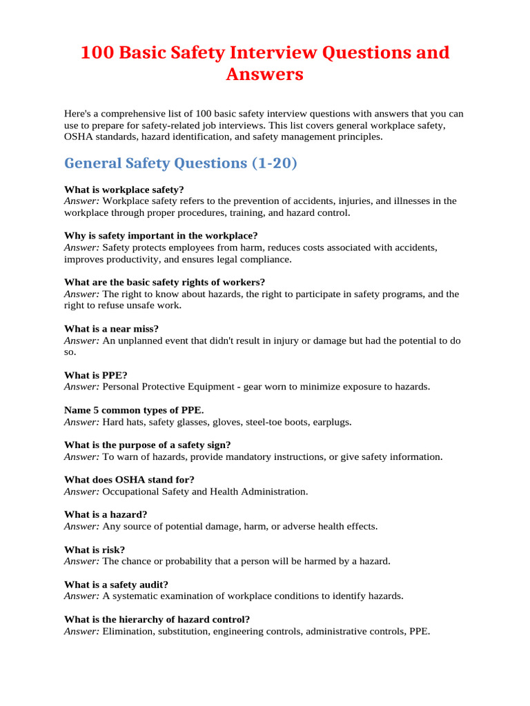 100 Basic Safety Interview Questions and Answers | PDF | Personal ...