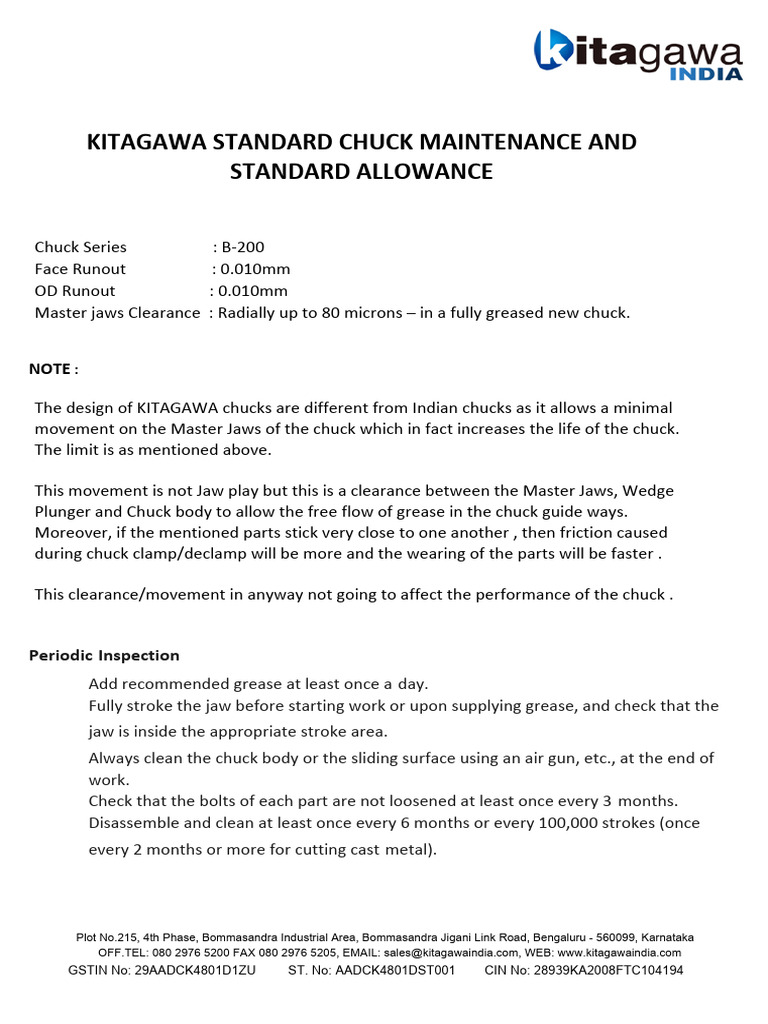 Kitagawa Standard Chuck Maintenance and Standard Allowance | PDF ...