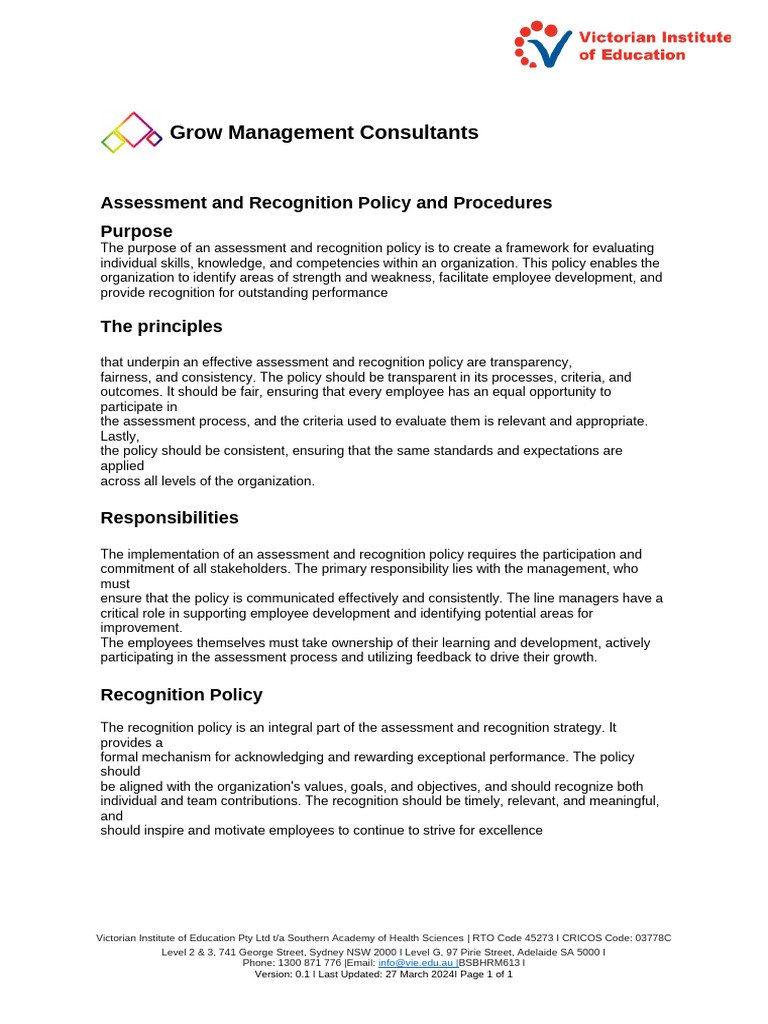 BSBHRM613 - Assessment and Recognition Policy and Procedures Template ...