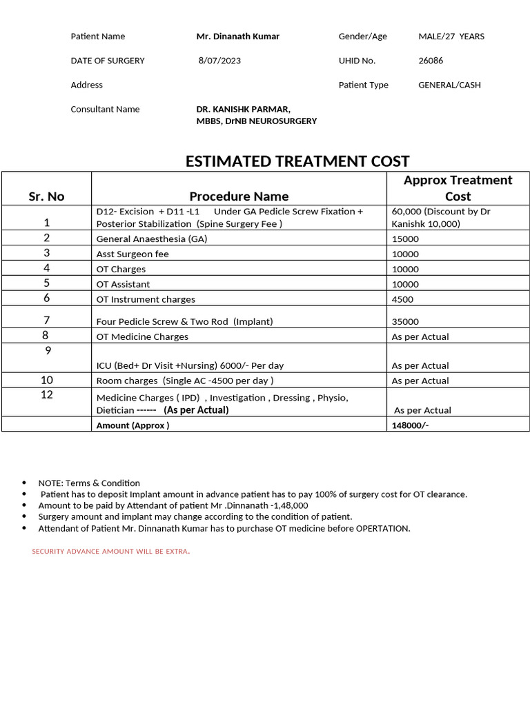 Estimated Treatment Cost | PDF | Surgery | Medical Specialties
