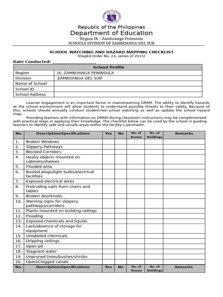 School Watching Hazard Mapping Checklist | PDF