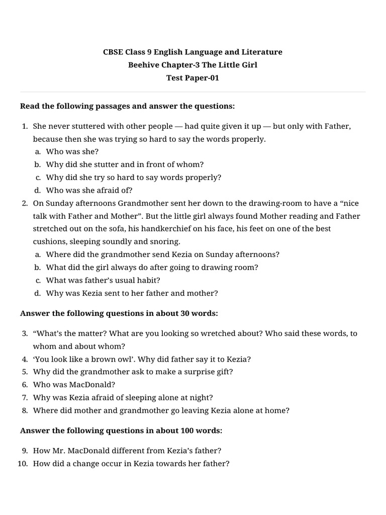 Chapter 4 Beehive The Little Girl Class 9 Chapter Wise Test Paper-1 ...