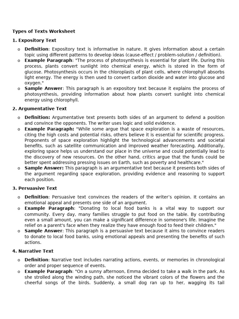 Types of Texts Explained: Worksheet Guide | PDF | Photosynthesis | Plants