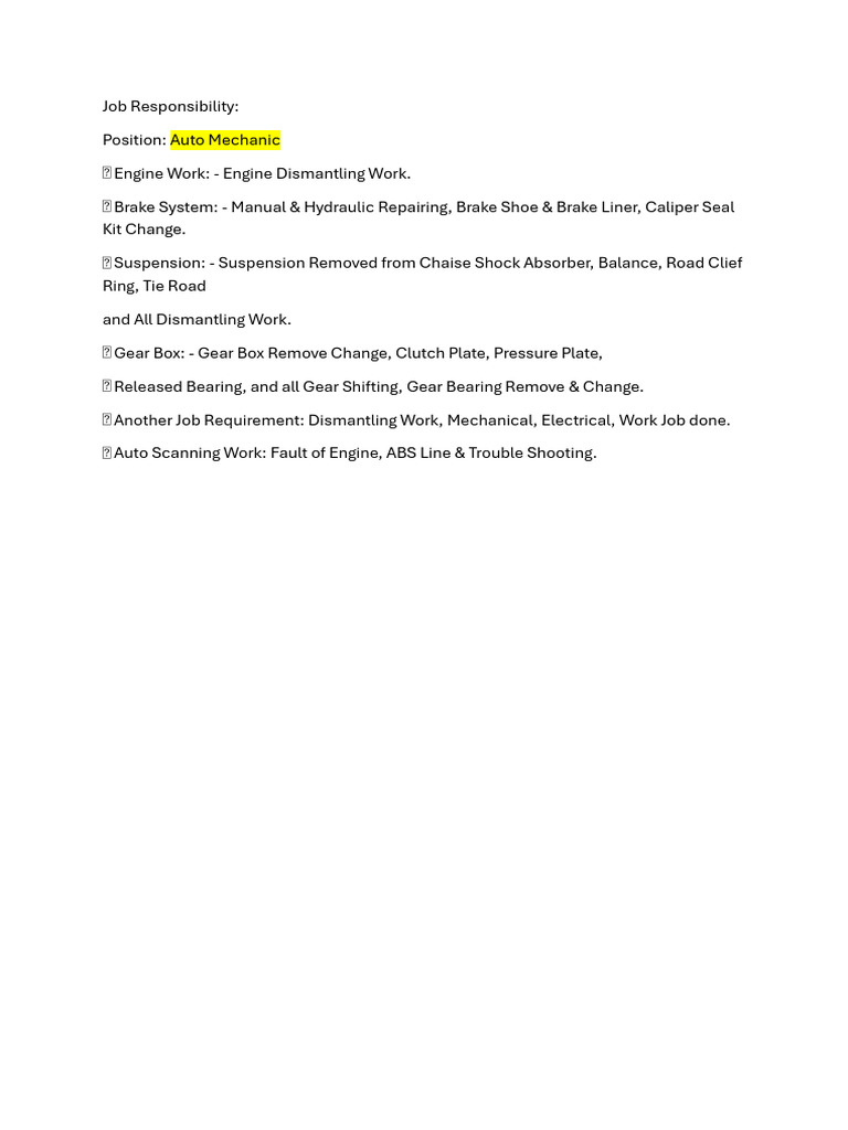 Auto Mechanic Job Responsibilities | PDF