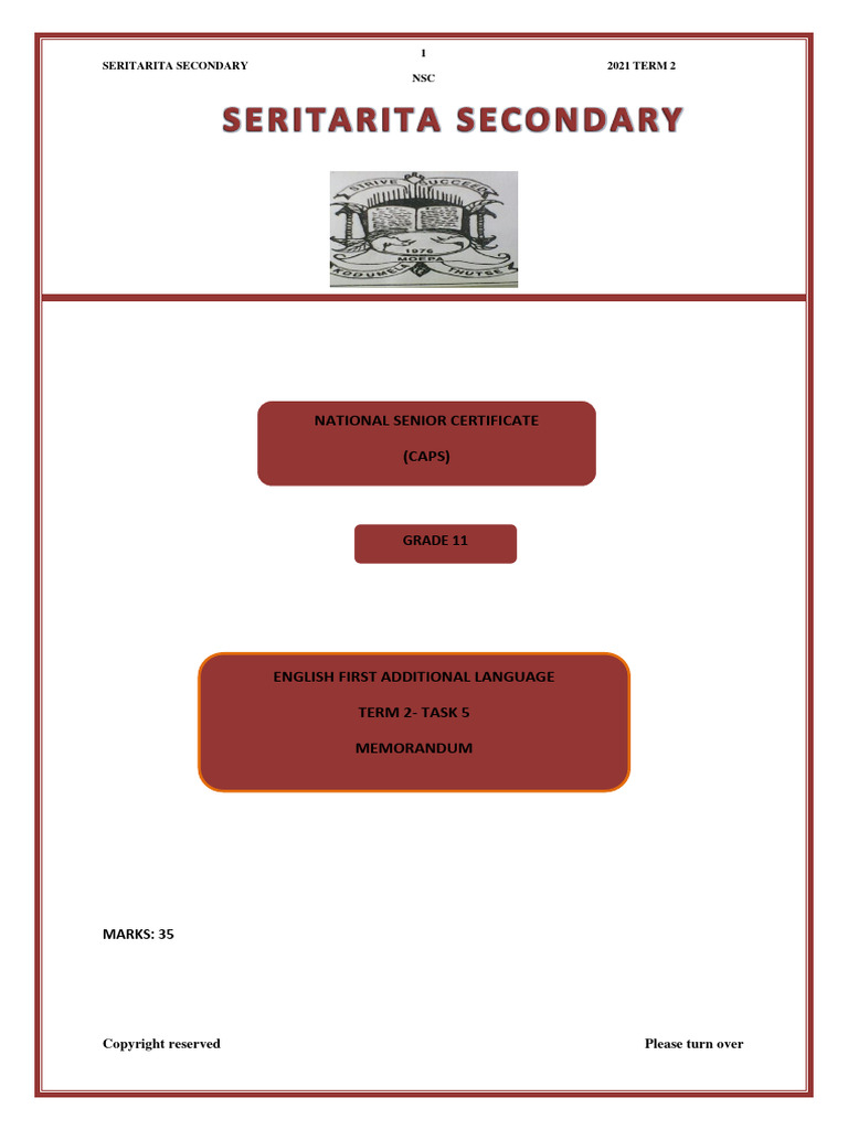Grade 11 English Task 5 Memo | PDF