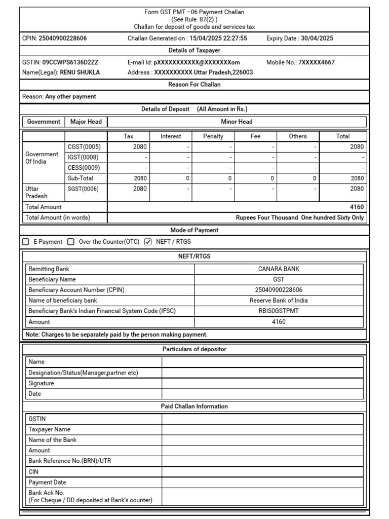GST PMT-06 Payment Challan Details | PDF | Cheque | Banking Technology