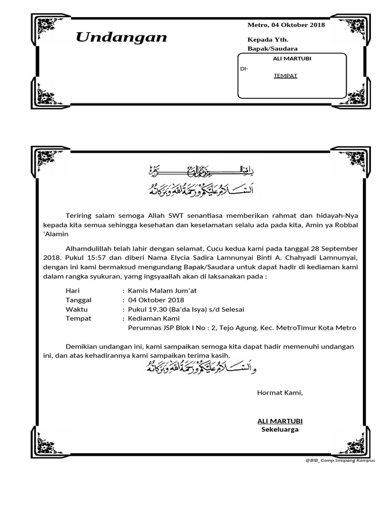 Undangan Syukuran Cucu Elycia Sadira | PDF