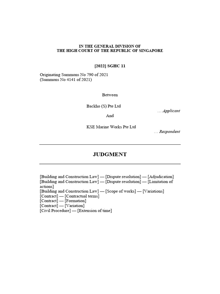 2022 - (SOPA-single Contract) Backho V KSE (2022) SGHC 11 | PDF ...