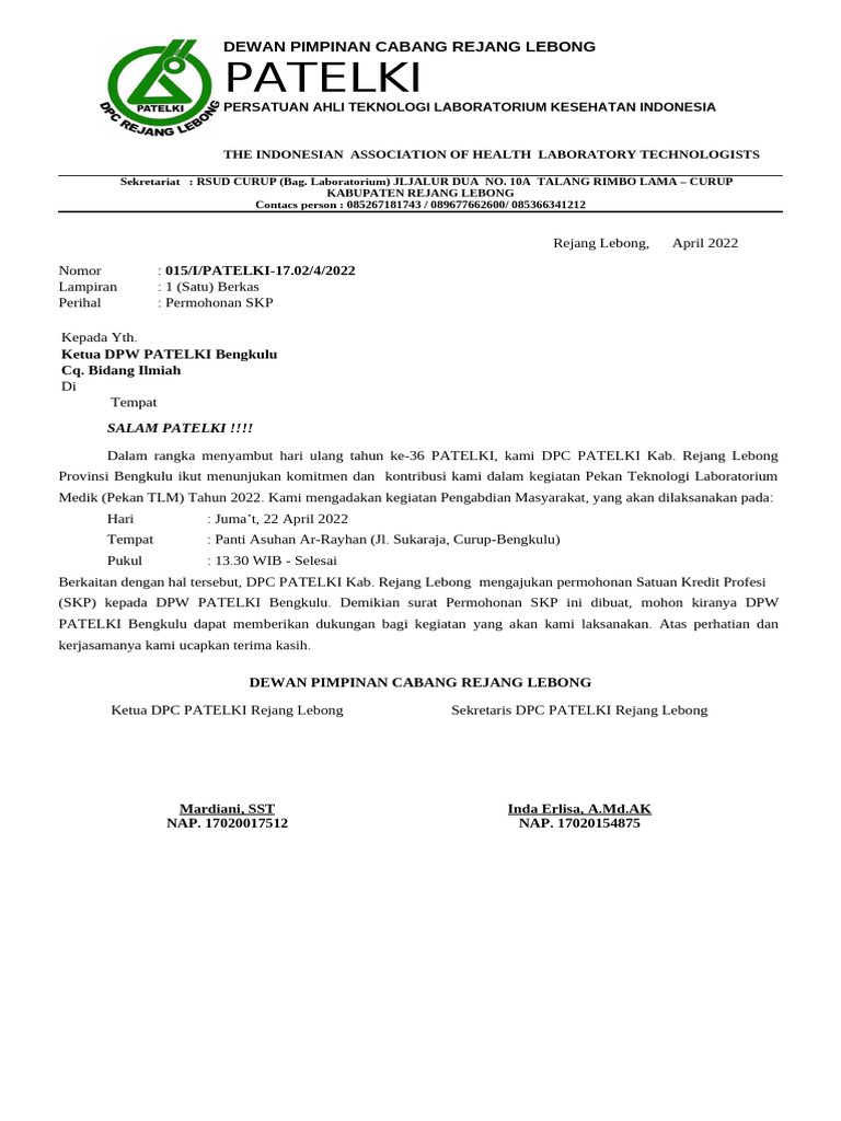 Surat Pengajuan SKP DPW 2022 Pekan Atlm | PDF