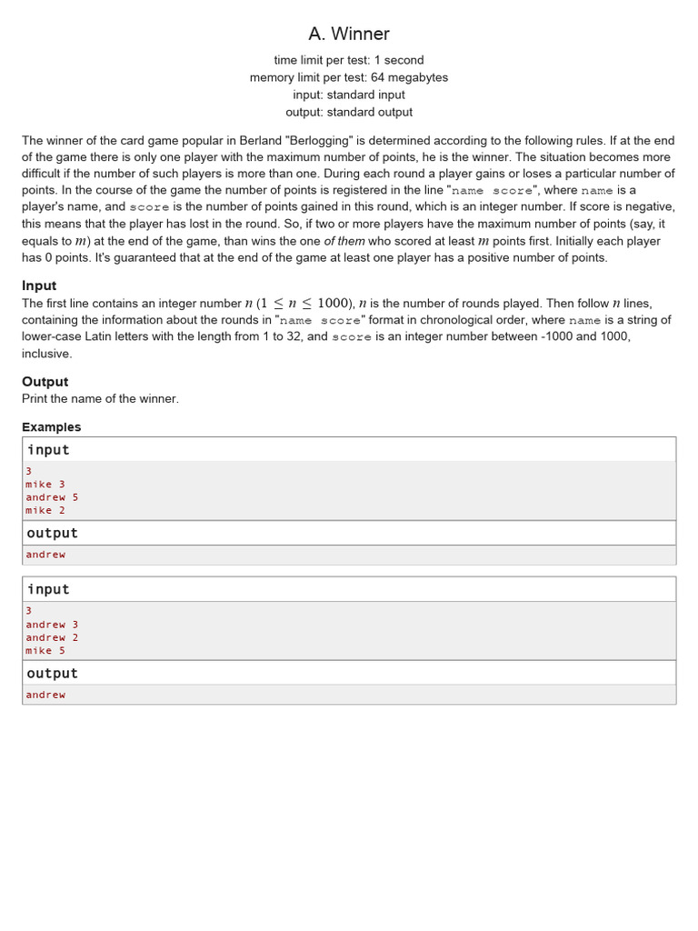 A. Winner: Name Score Name Score | PDF