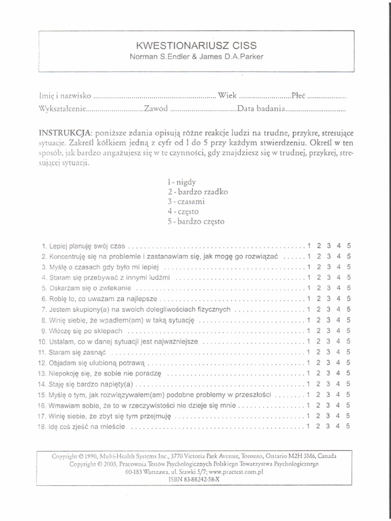 Kwestionariusz CISS Style Radzenia Sobie Ze Stresem 1 | PDF
