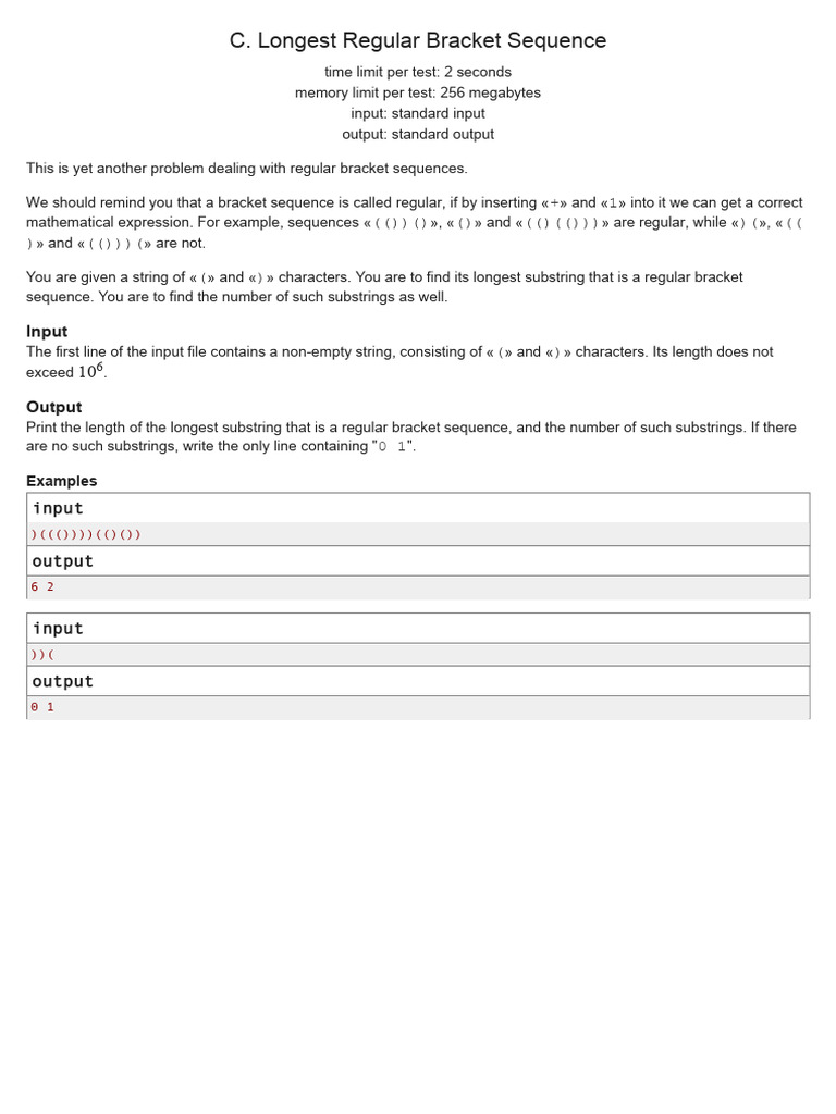 C. Longest Regular Bracket Sequence: Input | PDF