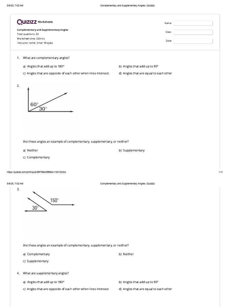 Complementary and Supplementary Angles Worksheet | PDF | Angle | Chess ...