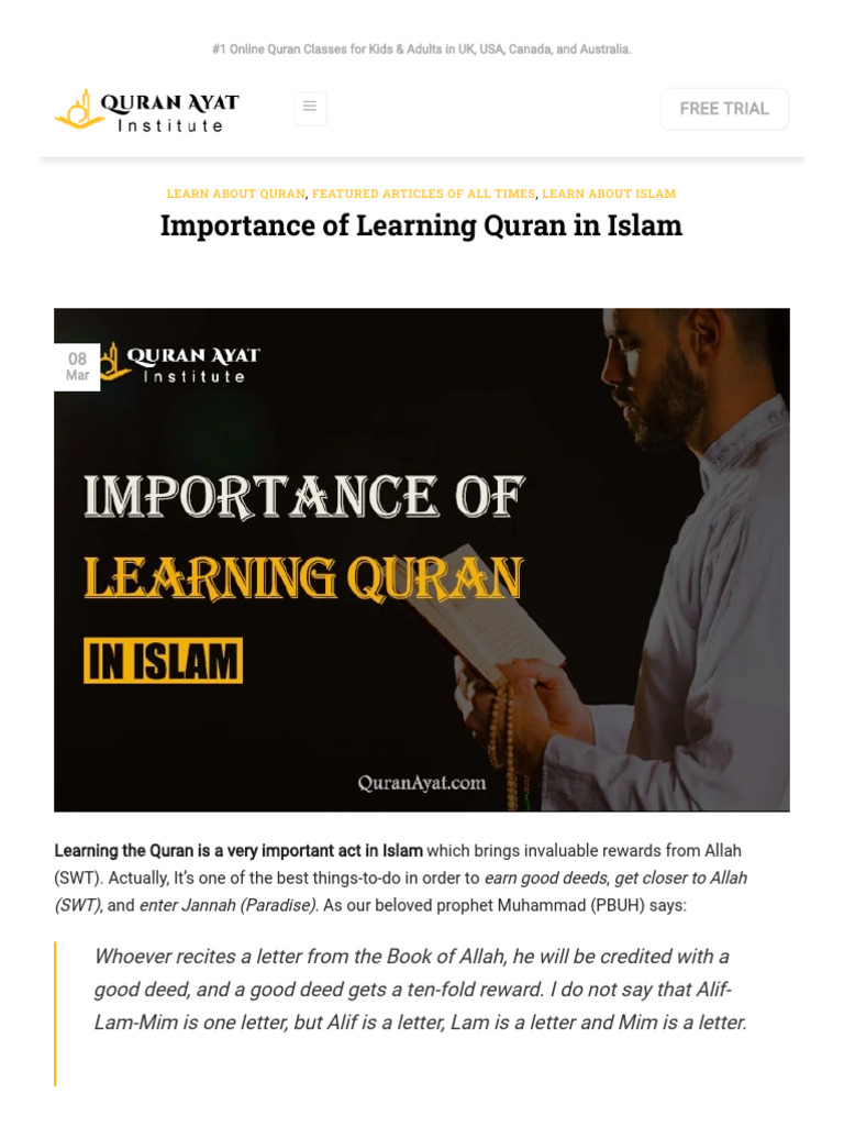 Importance of Learning Quran in Islam - Quran Ayat | PDF | Quran | Islam