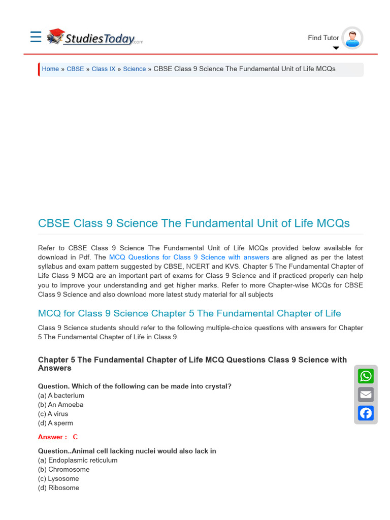 WWW Studiestoday Com MCQ Science Cbse Class 9 Biology Fundamental Unit ...
