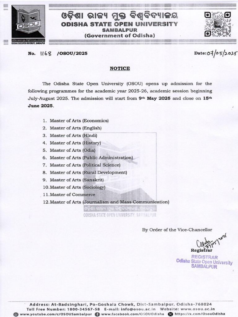 OSOU Distance PG Admission | PDF