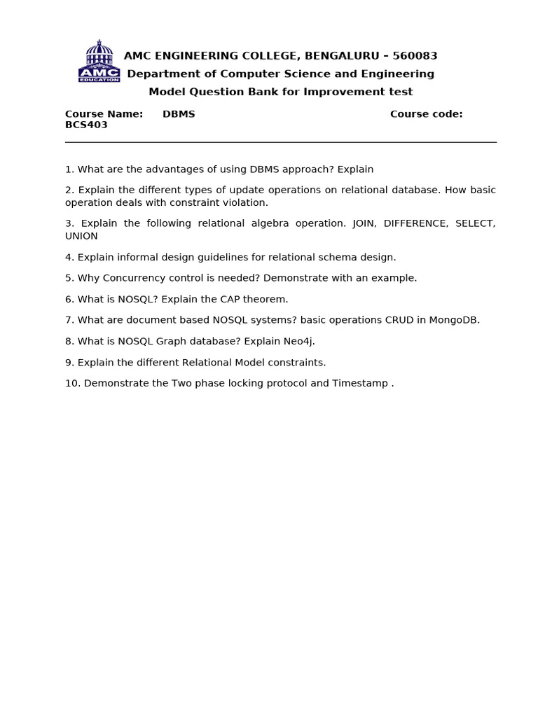 Model Question Bank For Improvement Testbcs403 | PDF