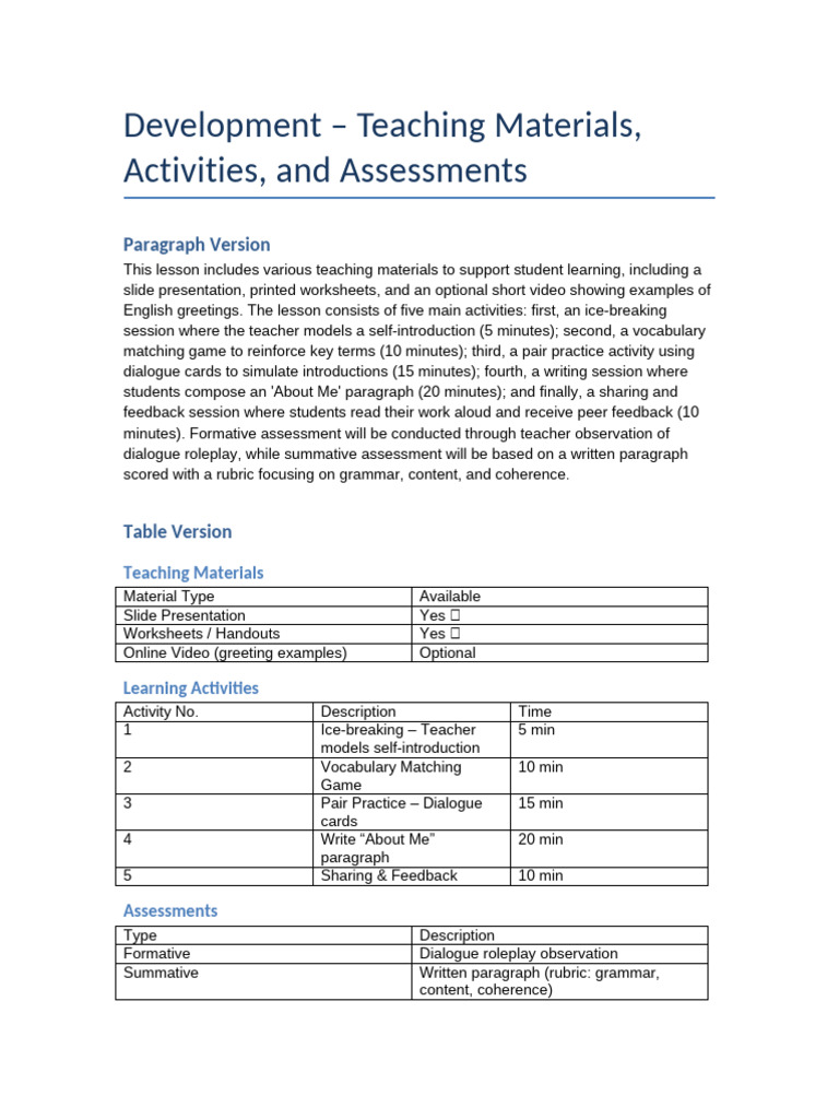 Development Section Paragraph and Table | PDF