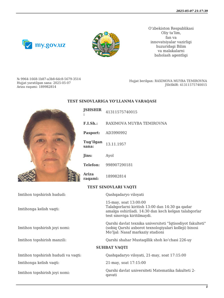 Test Sinovlariga Yo Llanma Varaqasi Jshshir: F.I.Sh.: Pasport: Tug ...