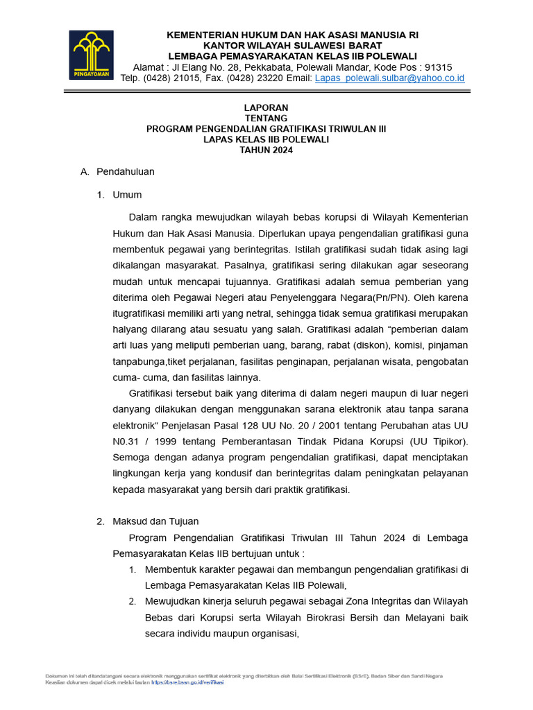 Laporan Program Pengendalian Gratifikasi Triwulan III Tahun 2024 | PDF