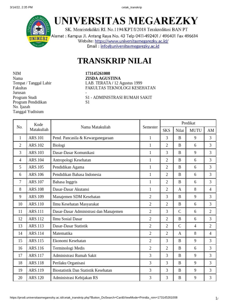 Cetak - Transkrip Zisda | PDF
