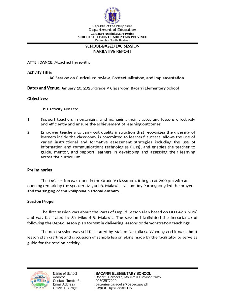 Bacarri Elementary LAC Session Report | PDF | Lesson Plan | Teaching