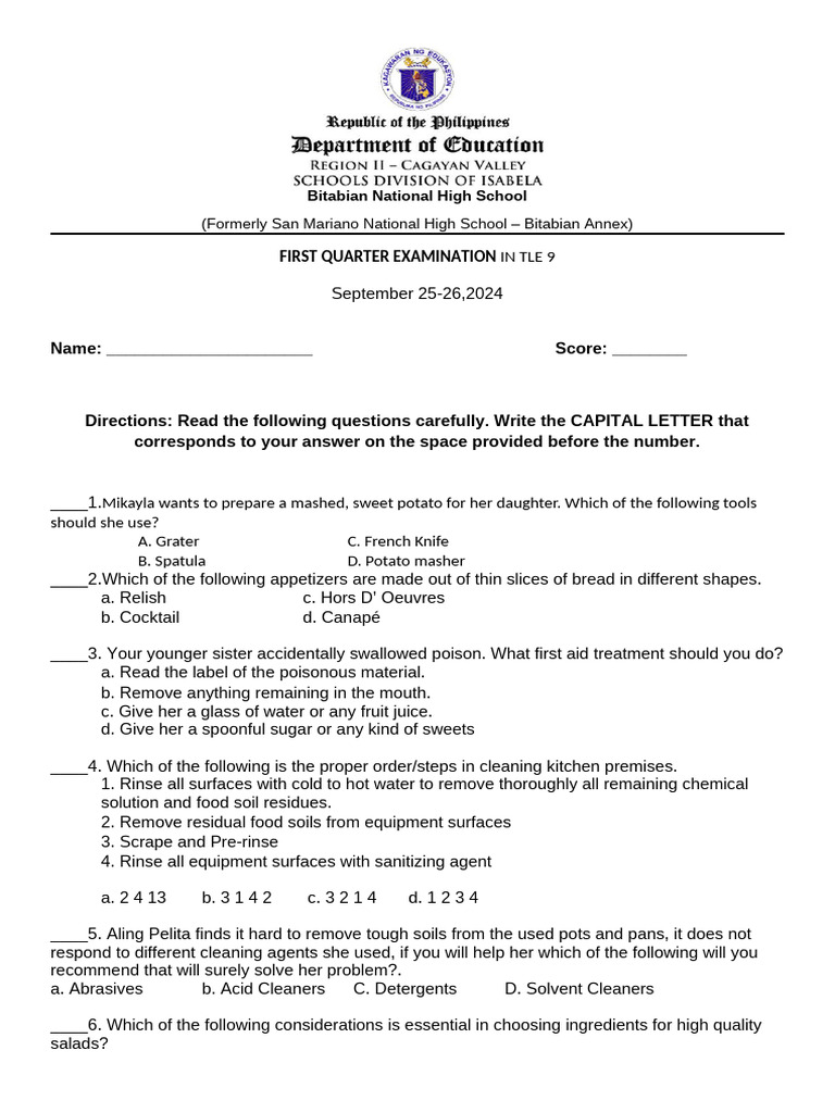 First Periodical Exam-Cookery 9 | PDF | Hors D'oeuvre | Cuisine