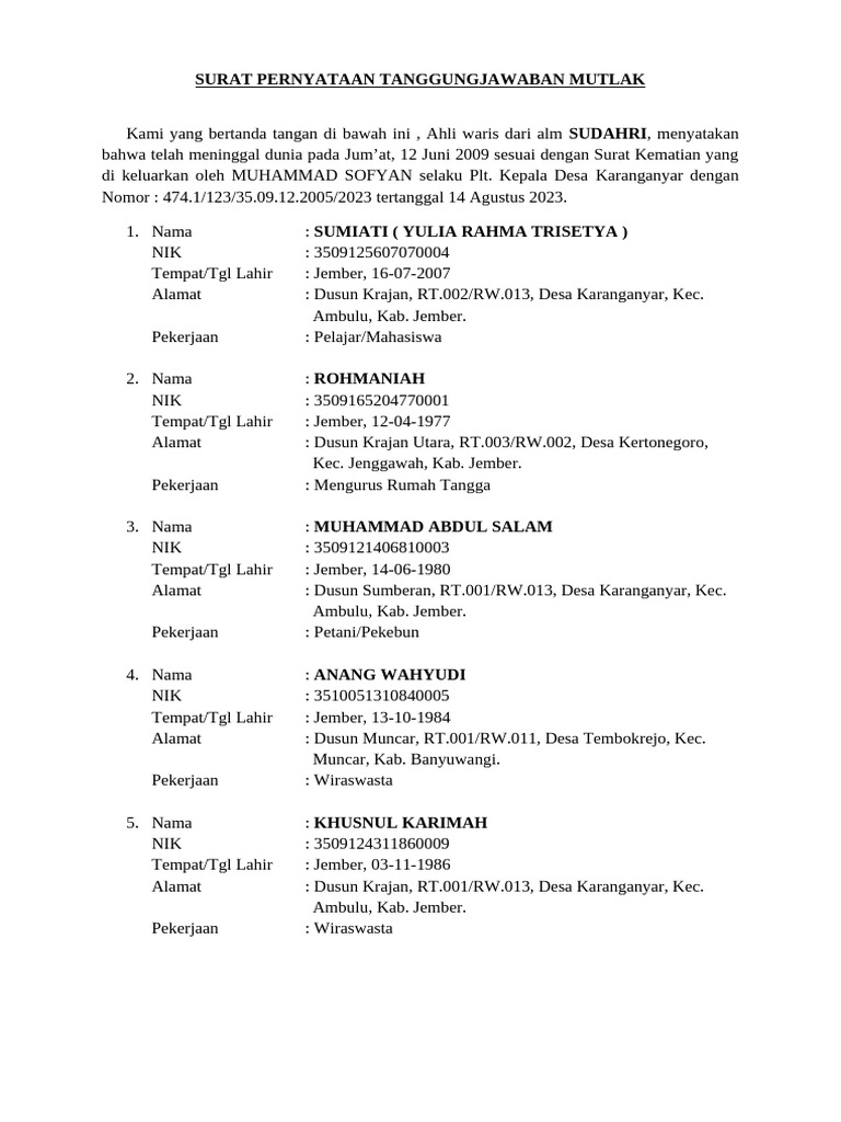 Surat Pernyataan Multak Kematian Nurhayati | PDF