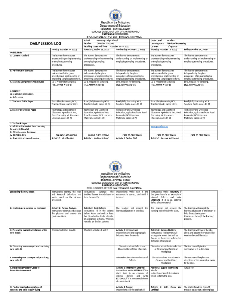 Grade 9 TLE Daily Lesson Log: Food Processing | PDF | Learning | Teachers