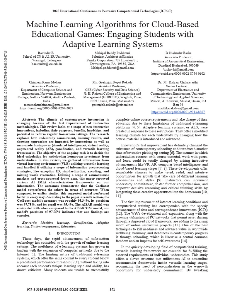 Machine Learning Algorithms For Cloud-Based Educational Games Engaging ...