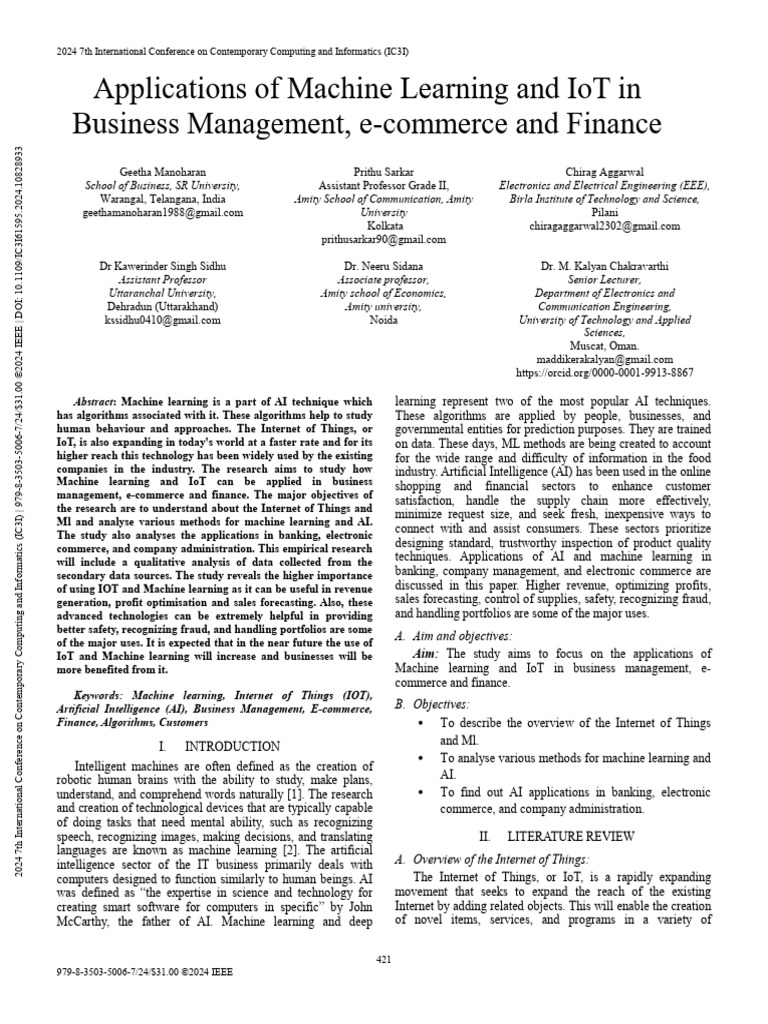 S67 Applications of Machine Learning and IoT in Business Management E ...