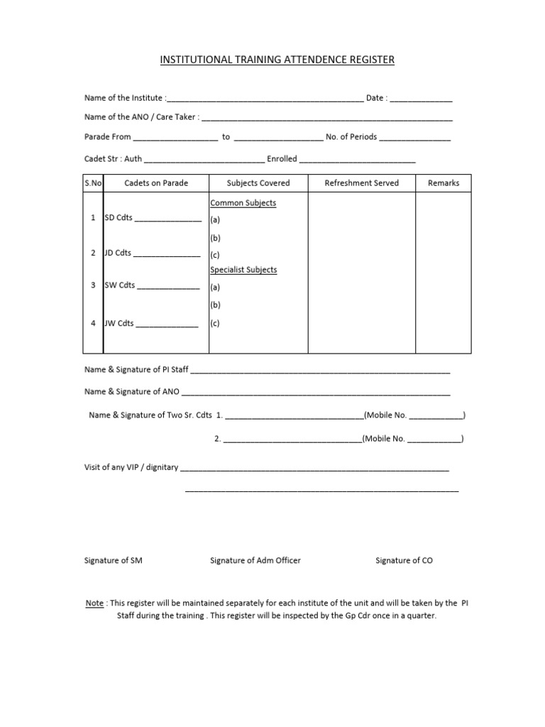 Form of Institutional Training Attendence Register | PDF