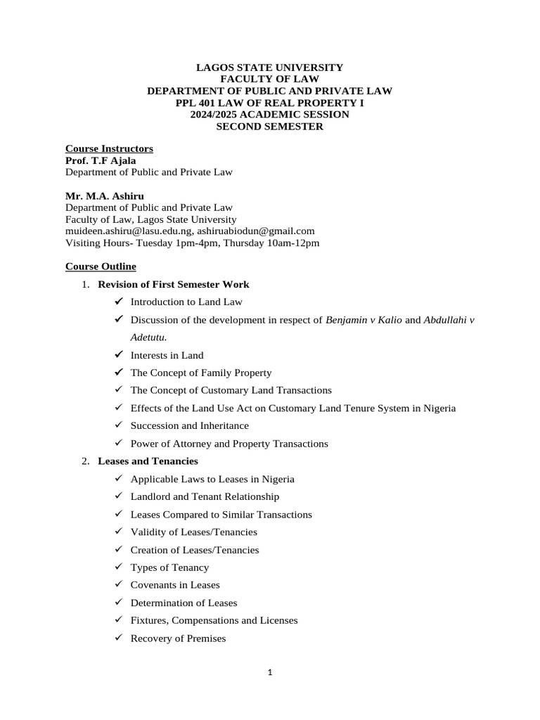 Second Semester Land Law Course Outline | PDF | Mortgage Law | Lease