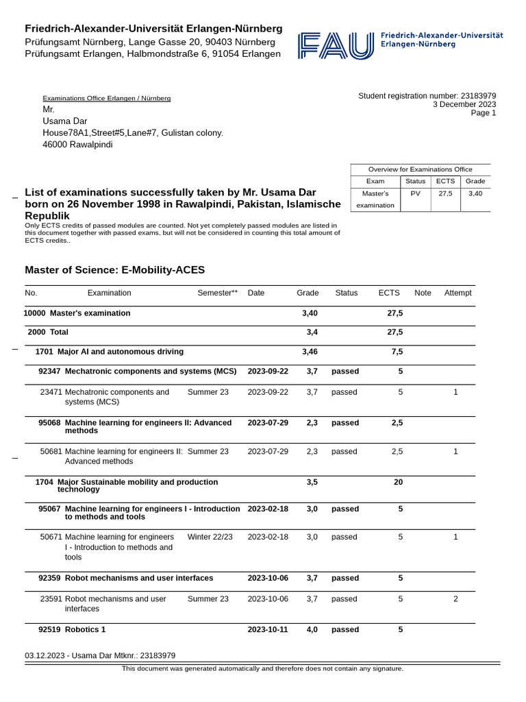 Examination Record for Usama Dar | PDF | Computing