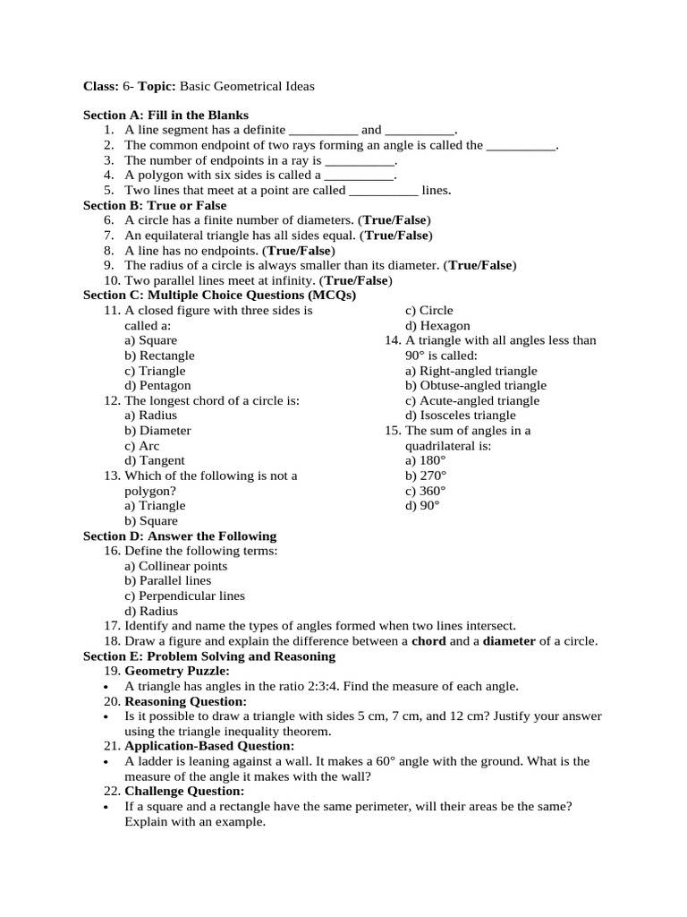 Basic Geometrical Ideas Worksheet | PDF | Triangle | Circle