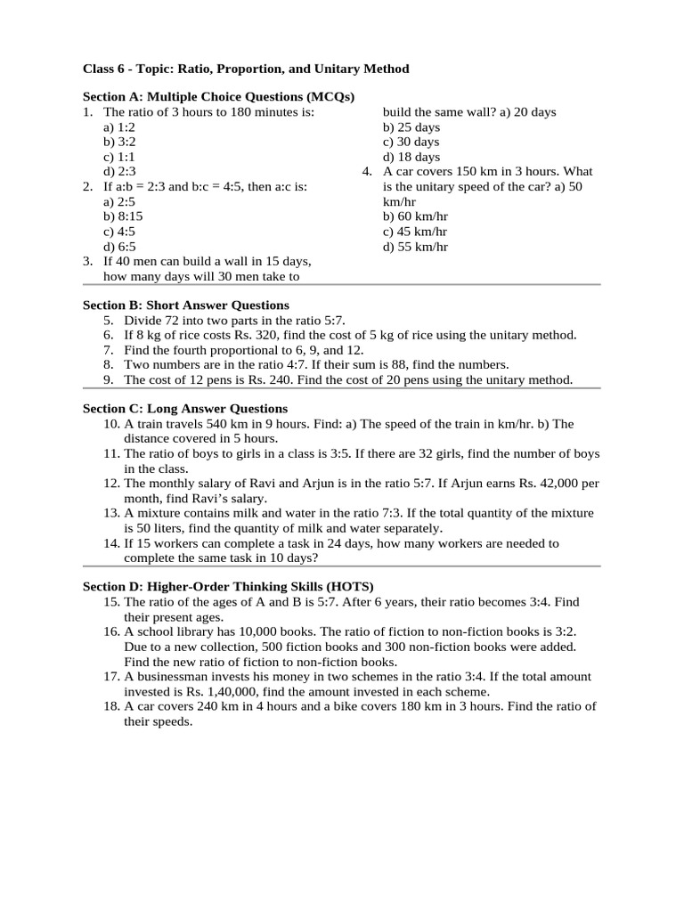 Class 6 Ratio and Proportion Questions | PDF | Ratio | Chess Openings