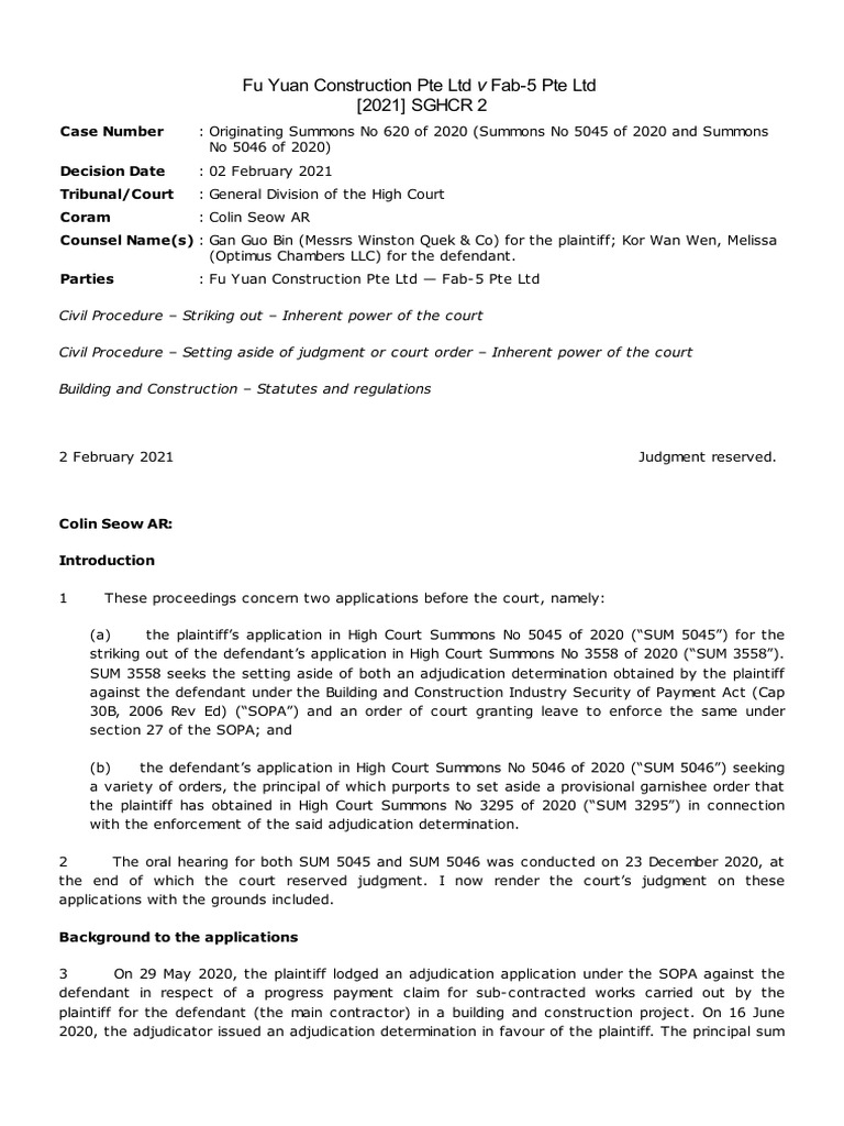 2021 - (SOPA) Fu Yuan Construction V Fab-5 (2021) SGHCR 2 | PDF ...