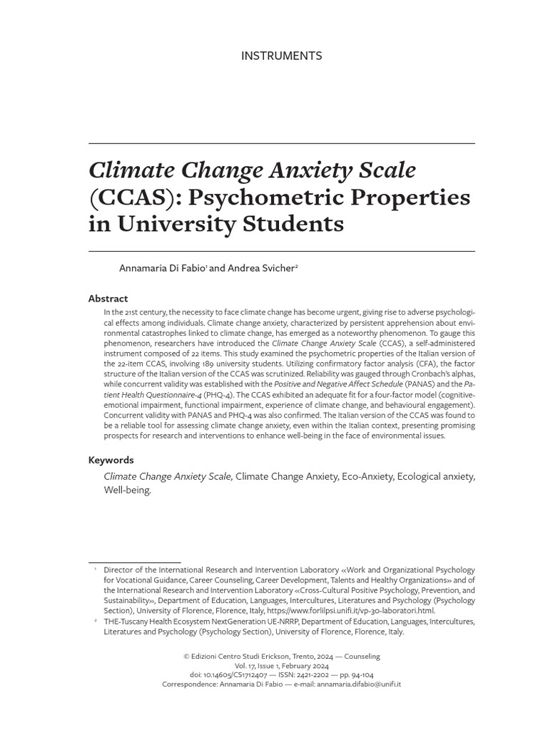 Climate Change Anxiety Scale: (CCAS) : Psychometric Properties in ...