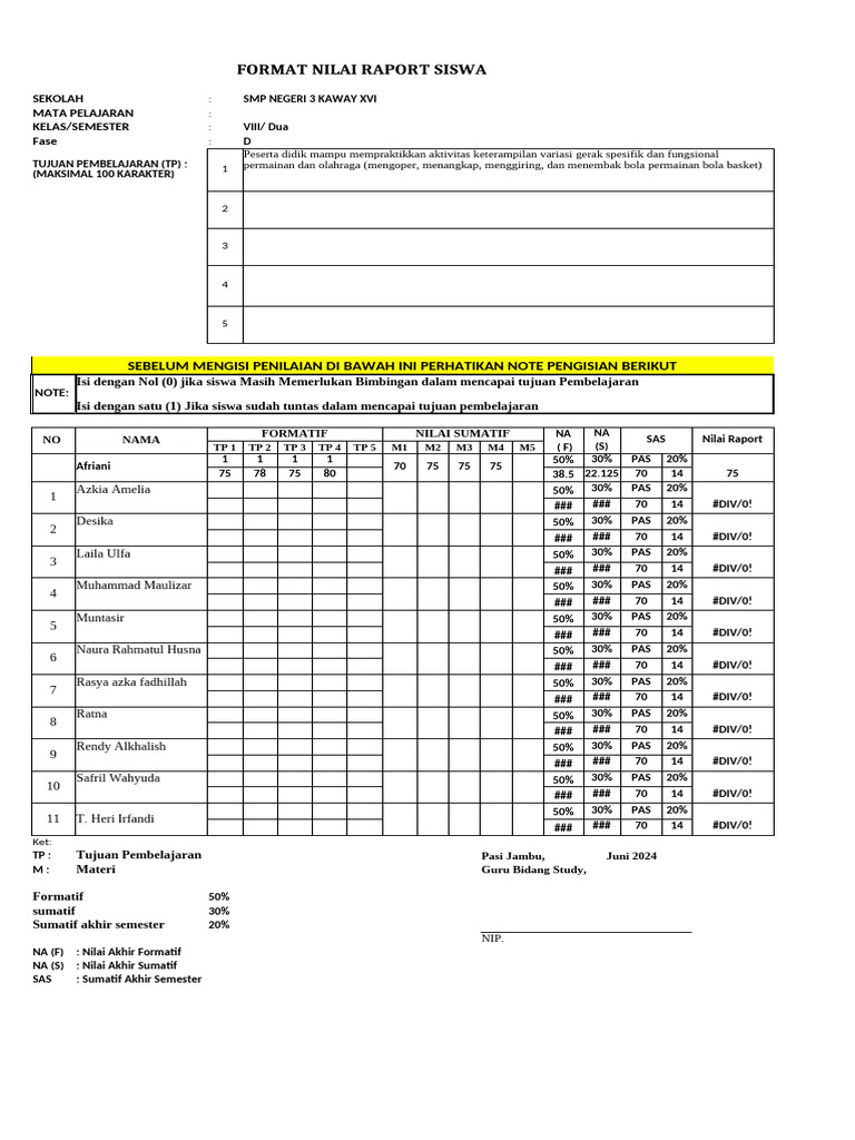 Format Isi Rapor Kls 7 | PDF