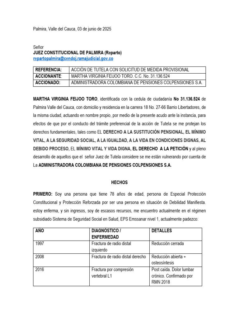 Accion de Tutela y Anexos-Martha Feijoo-Vs-colpensiones | PDF | Debido ...