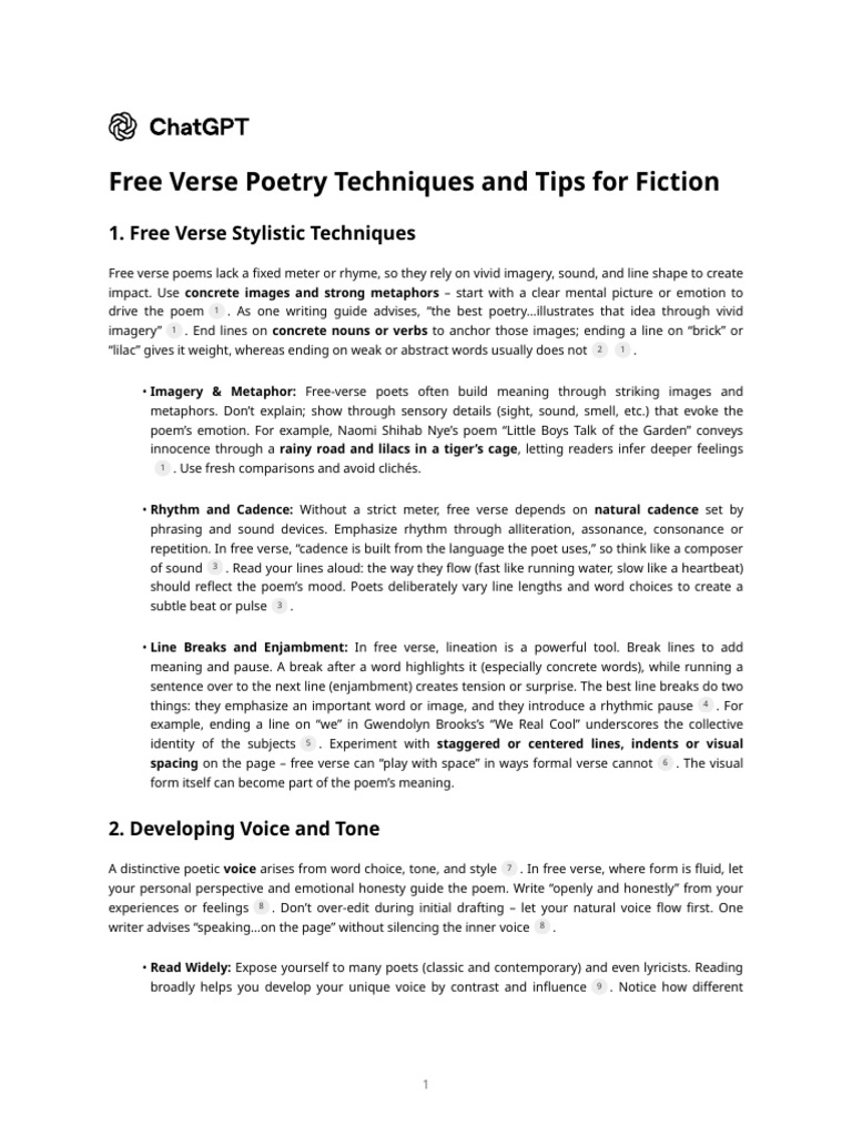 Free Verse Poetry Techniques and Tips For Fiction | PDF | Poetry | Poetics