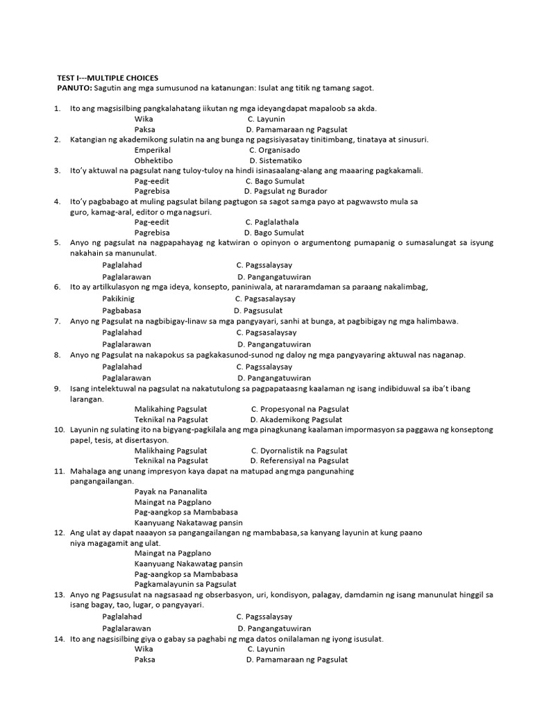 Review Test in Filipino | PDF
